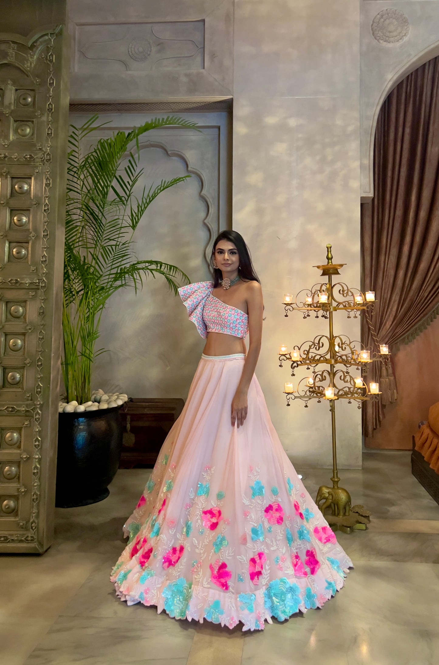 Shop Pink Designer Organza Silk Lehenga Set Online| Rianta's